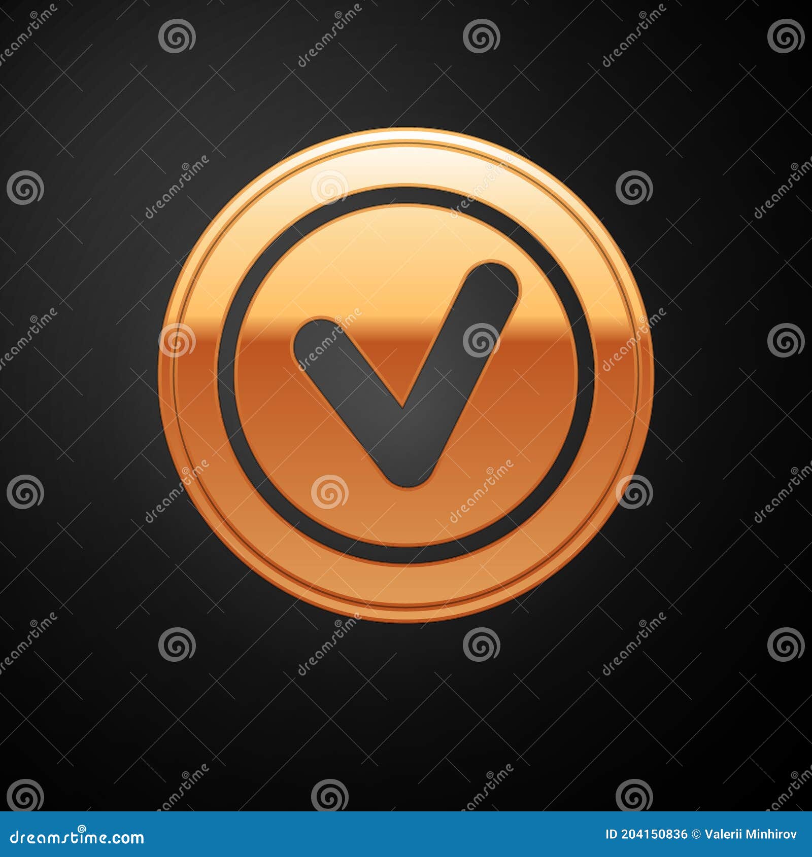 Gold Check Mark in Round Icon Isolated on Black Background. Check List ...