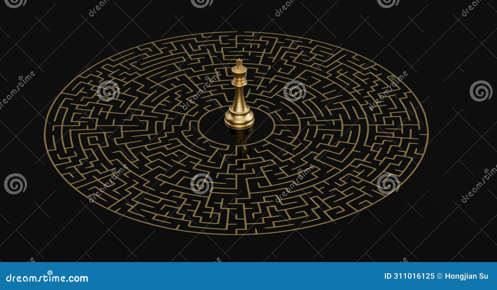 Gold Chess King and Maze on Black Background. 3D Illustration Stock ...