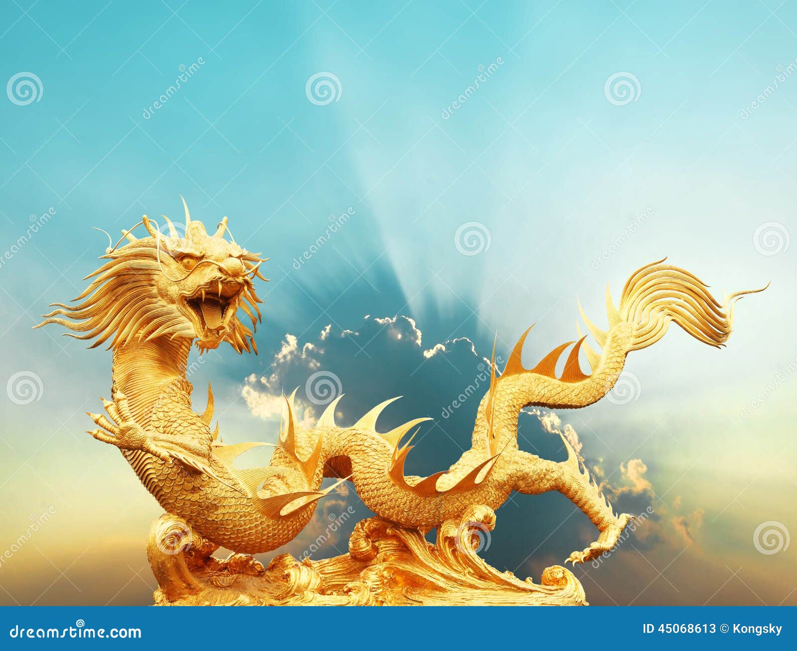 Gold Chinese Dragon Statue with Cloud and Sky Clipping Path. Stock ...