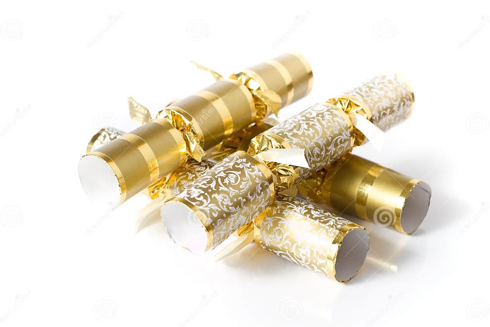 Gold Christmas Crackerrs Isolated on White Stock Photo - Image of ...
