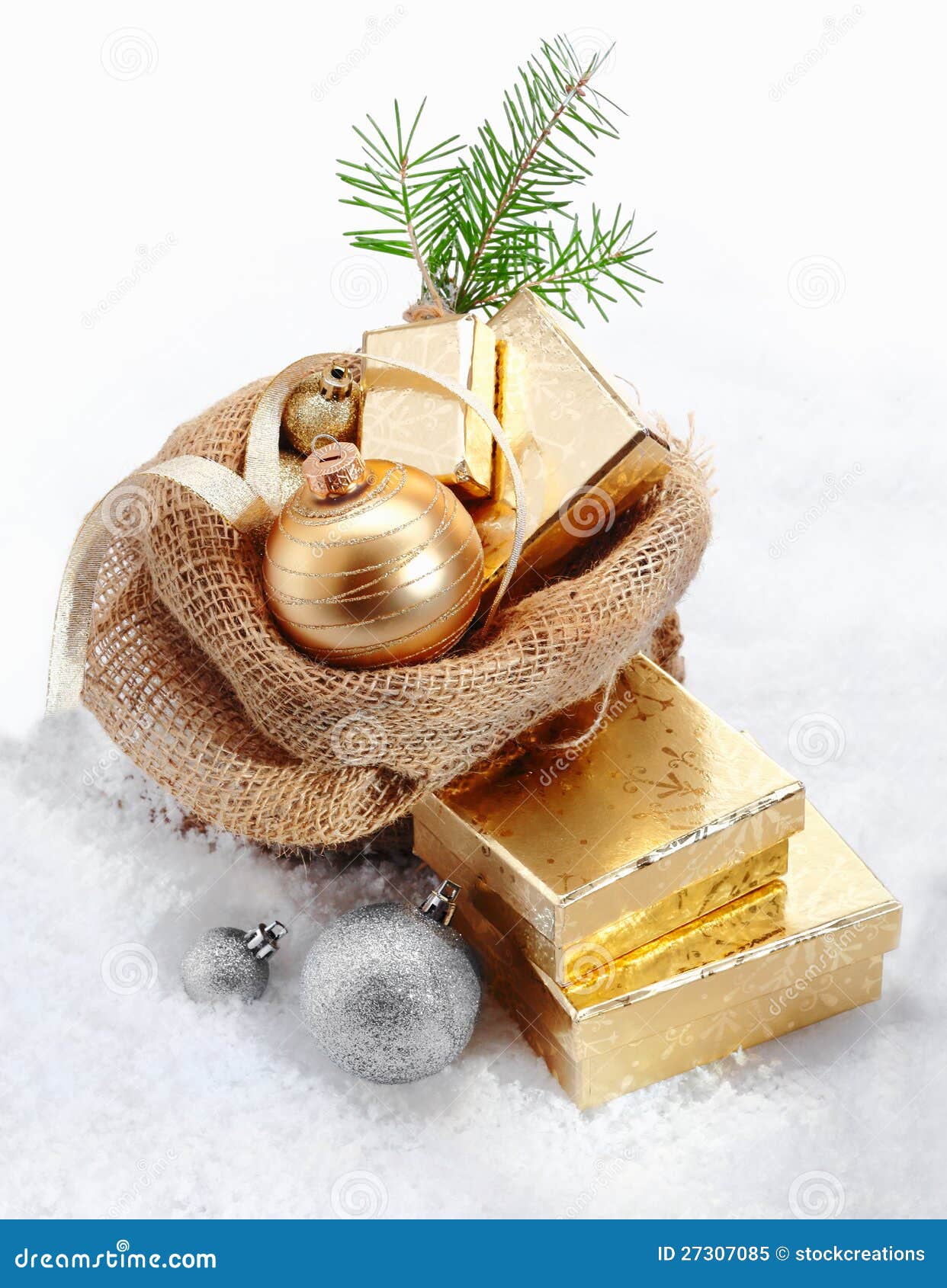 Gold Christmas gifts stock image. Image of greeting, sack - 27307085