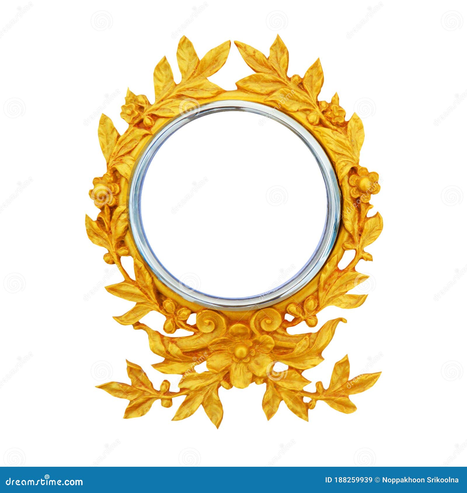 Gold Circle Photo Frame with Flower Leaf Patternisolated on White ...