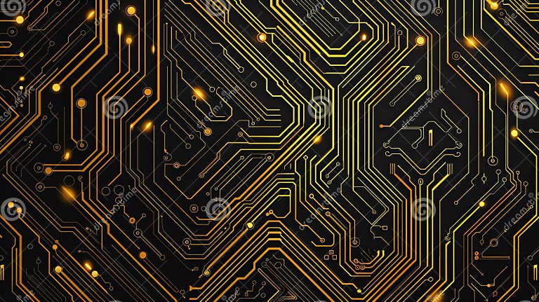 Gold Circuit Board Technology Background with Glowing Nodes Stock Photo ...