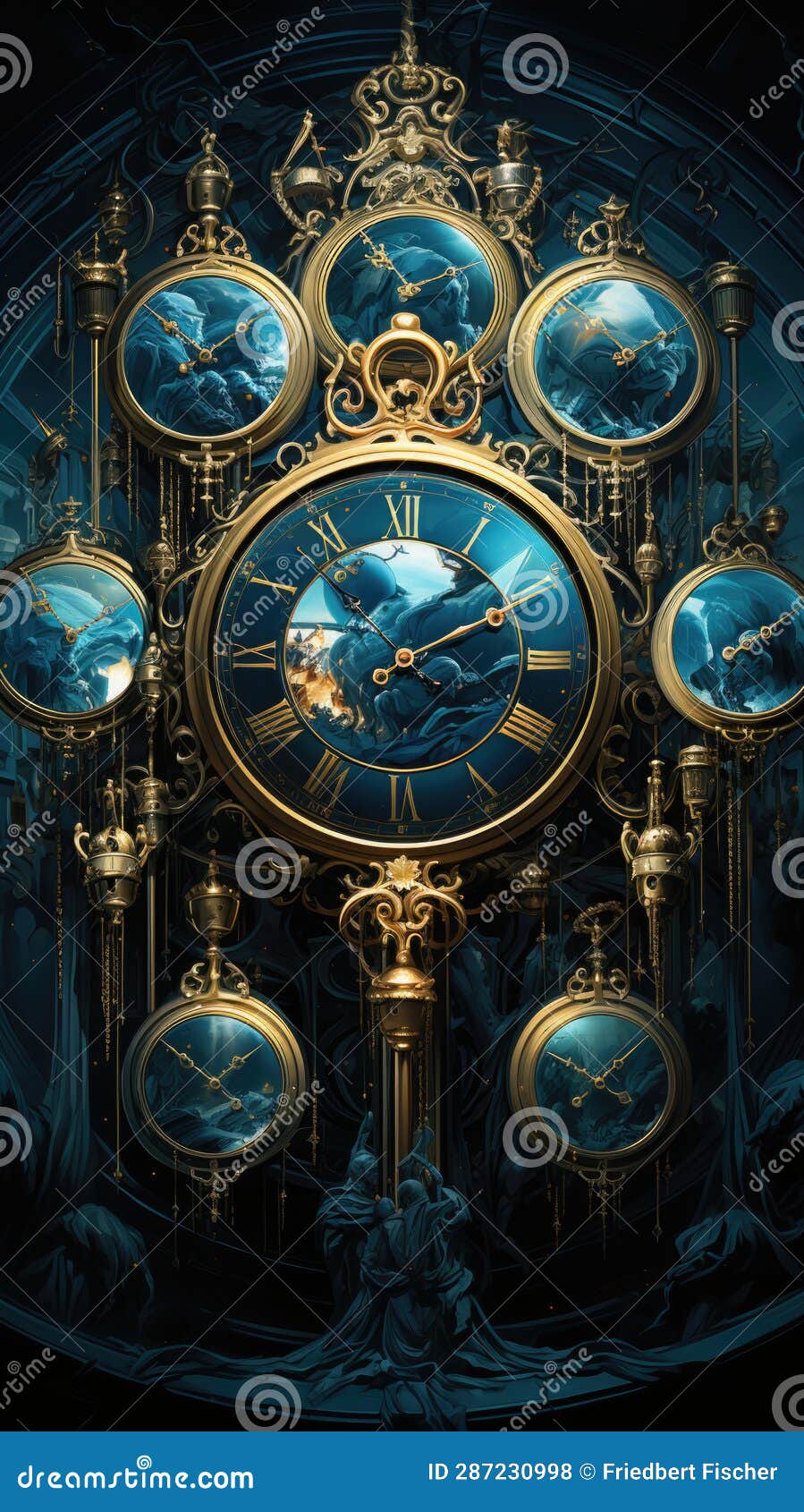 A Gold Clock with Blue Dials on a Black Background. Digital Image ...