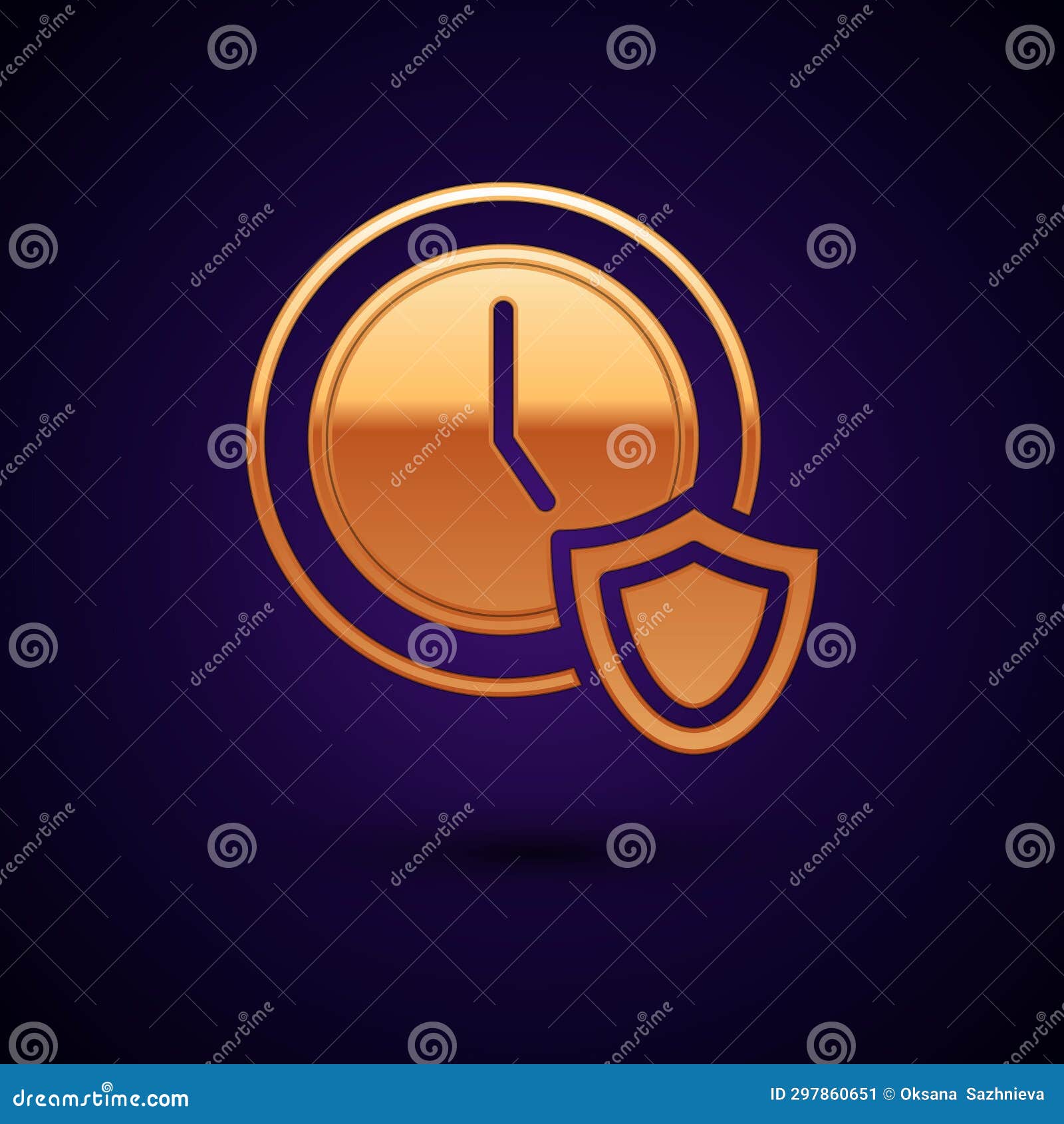 Gold Clock with Shield Icon Isolated on Black Background. Security ...