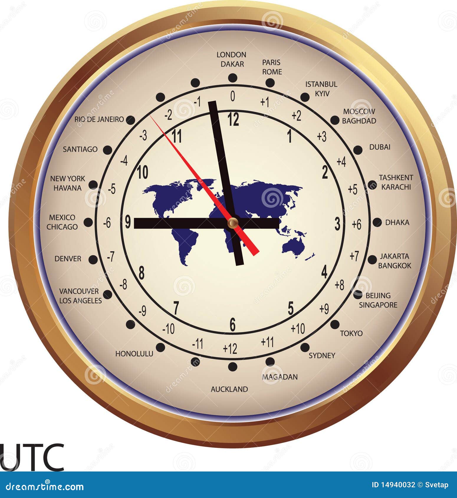 Gold clock with time zones stock vector. Illustration of greenwich ...