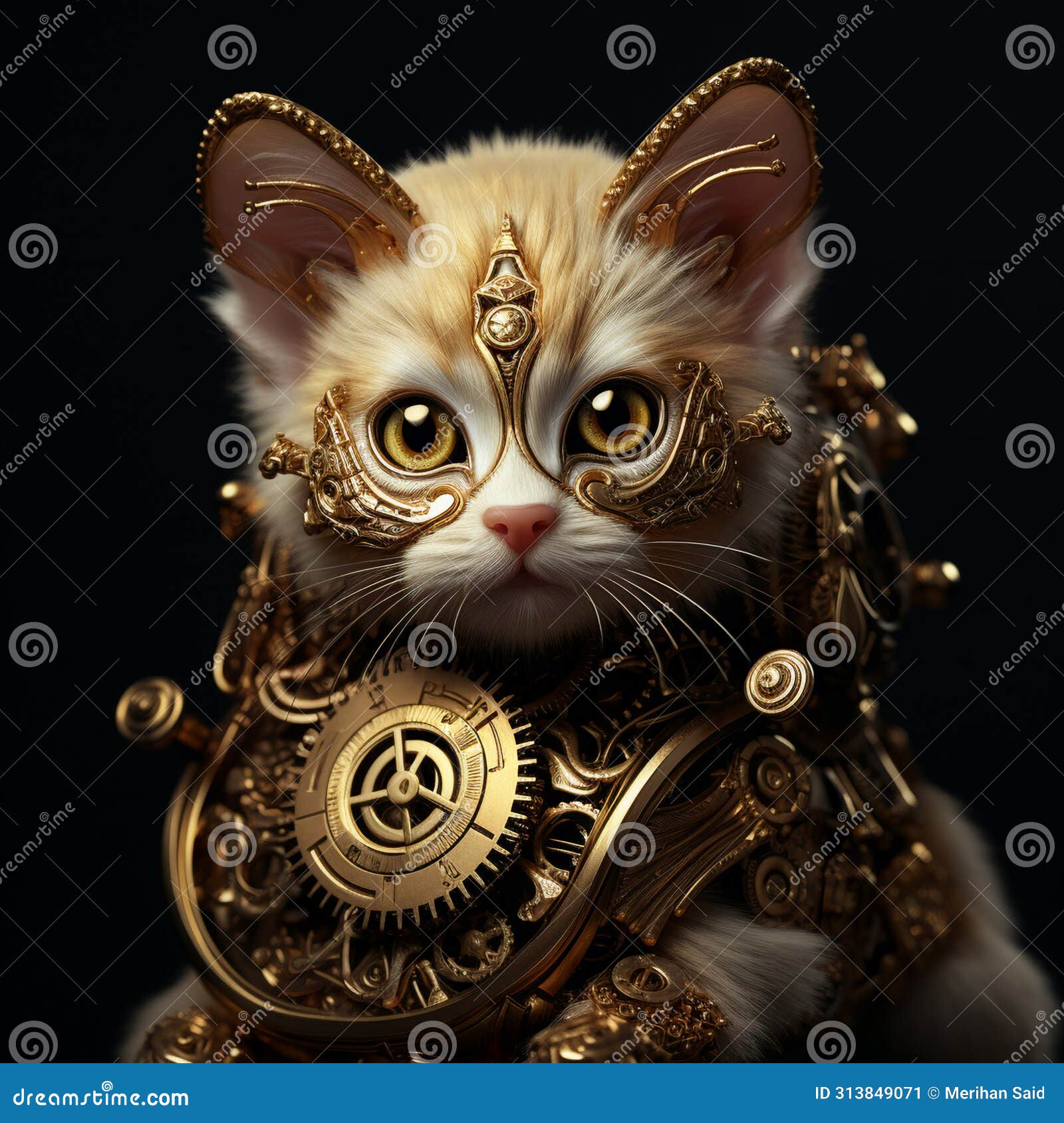 Gold Clockwork Cat in Golden Filigree, AI Generative Stock Illustration ...