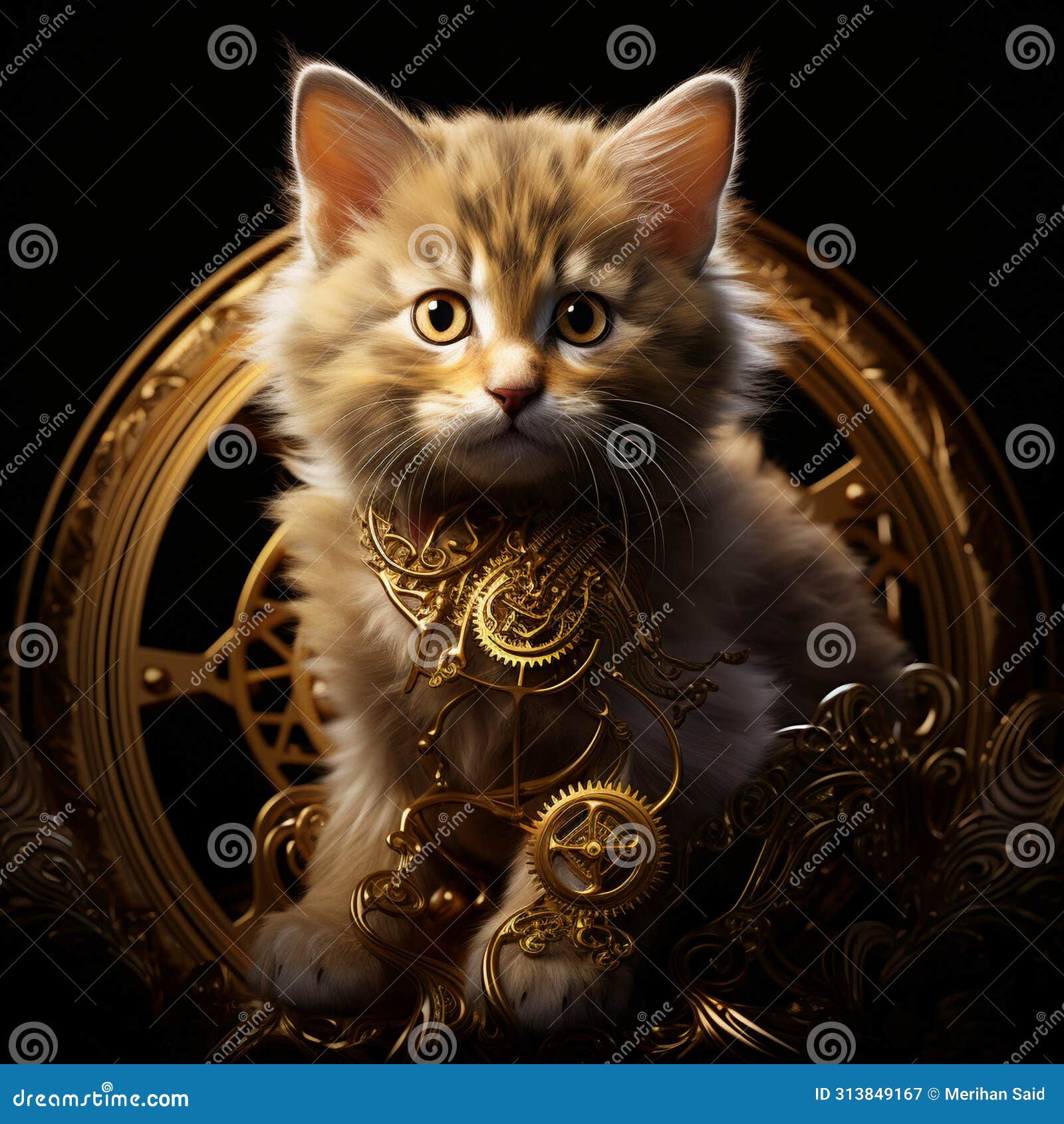 Gold Clockwork Cat in Golden Filigree, AI Generative Stock Illustration ...
