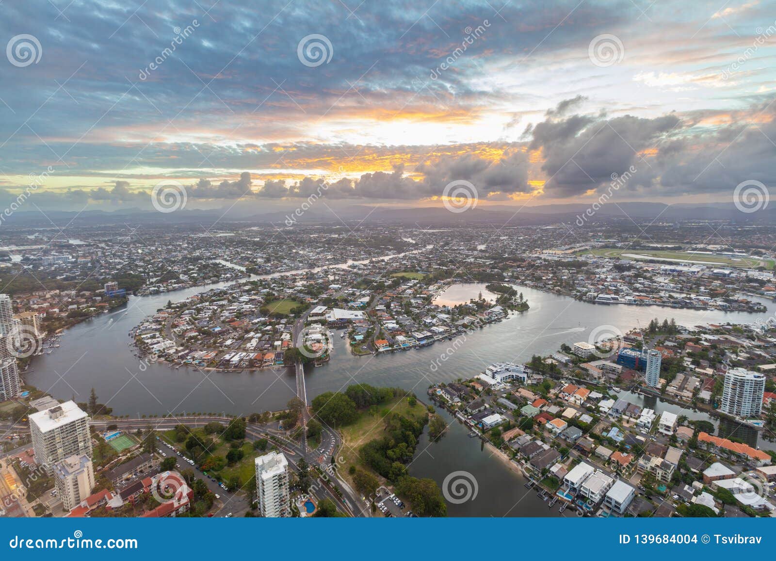 Gold Coast and Nerang River at Sunset. Stock Photo - Image of dusk ...