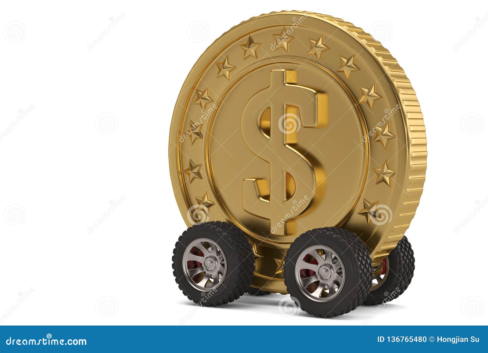 Gold Coin and Wheels Isolated on White Background 3D Illustration Stock ...