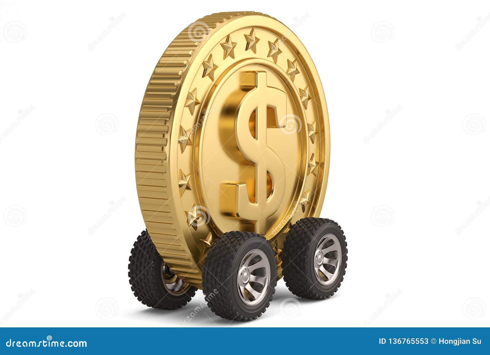 Gold Coin and Wheels Isolated on White Background 3D Illustration Stock ...