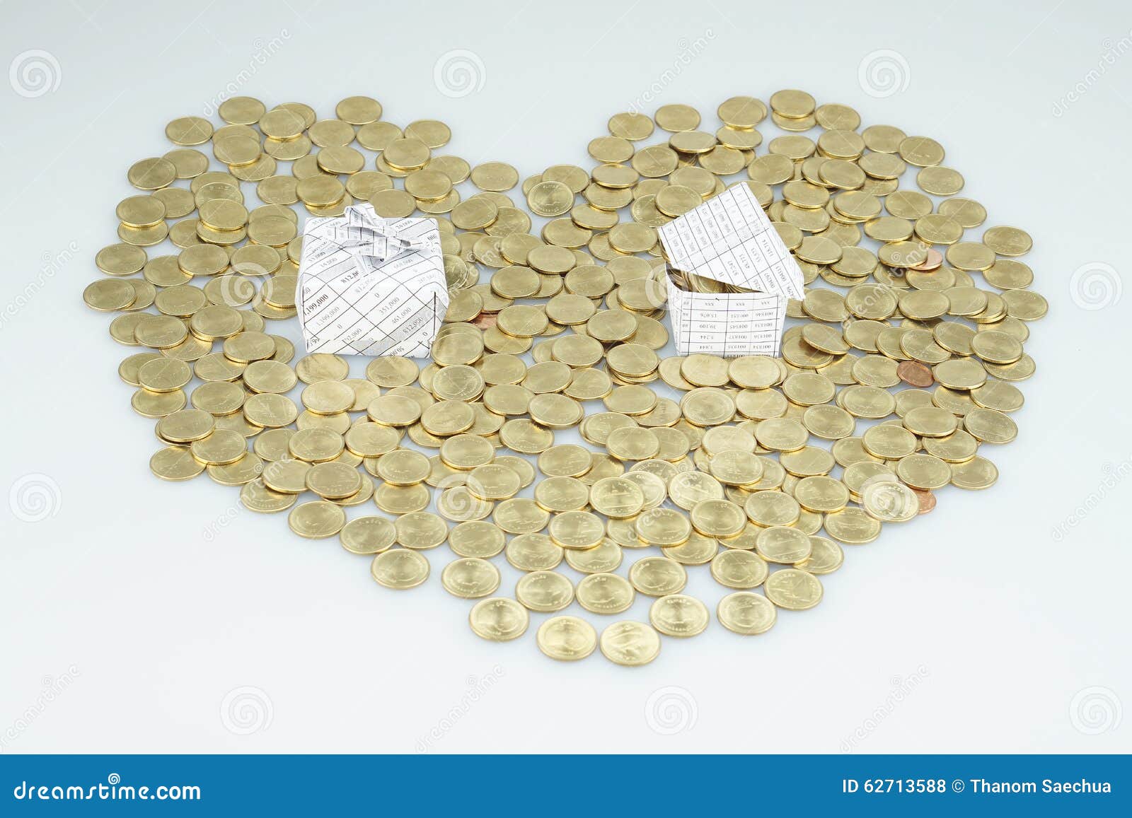 Gold Coins As Heart Shaped Have Gift Box and House Stock Photo - Image ...