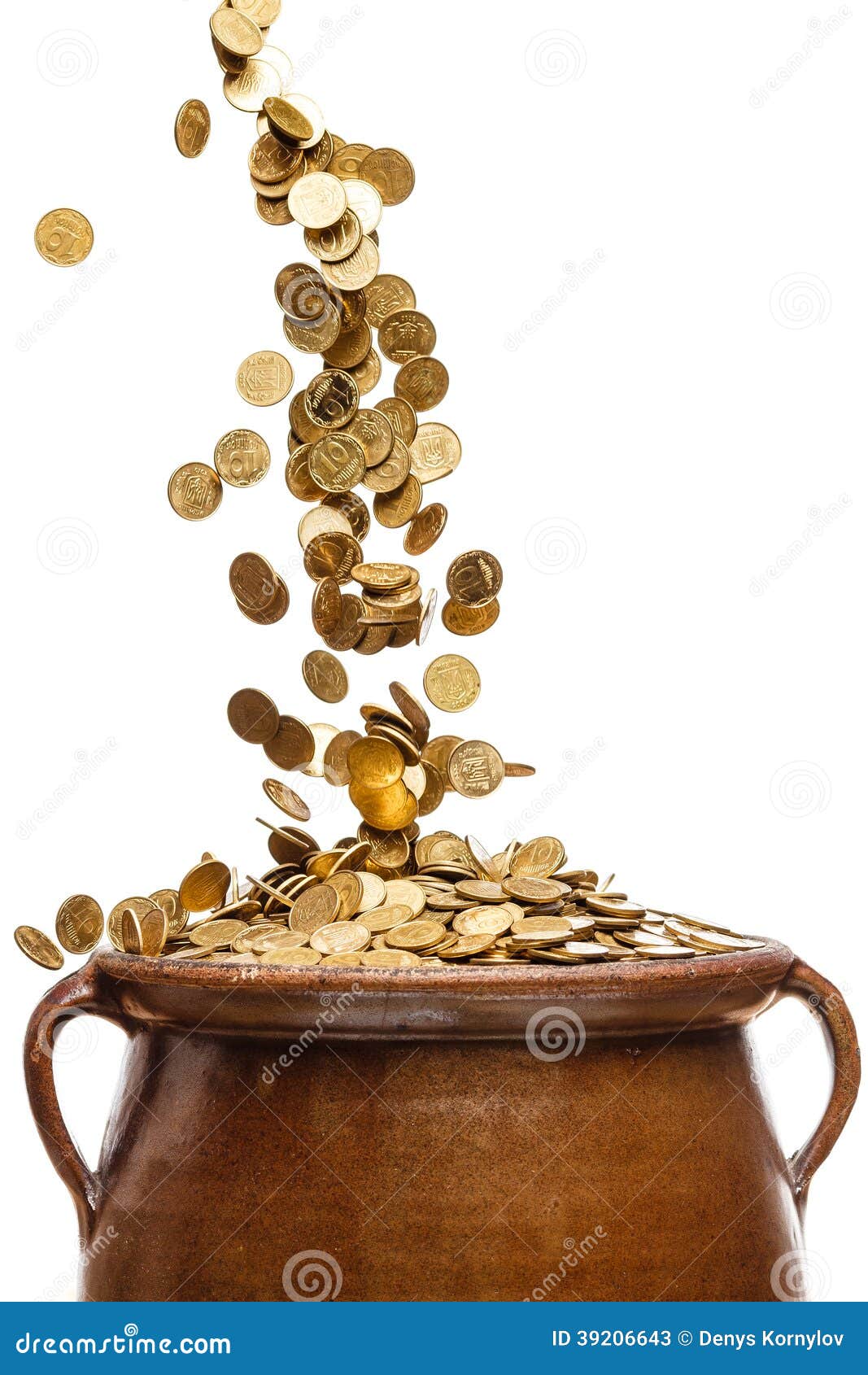 Gold Coins Falling in the Vintage Pot Stock Image - Image of currency ...