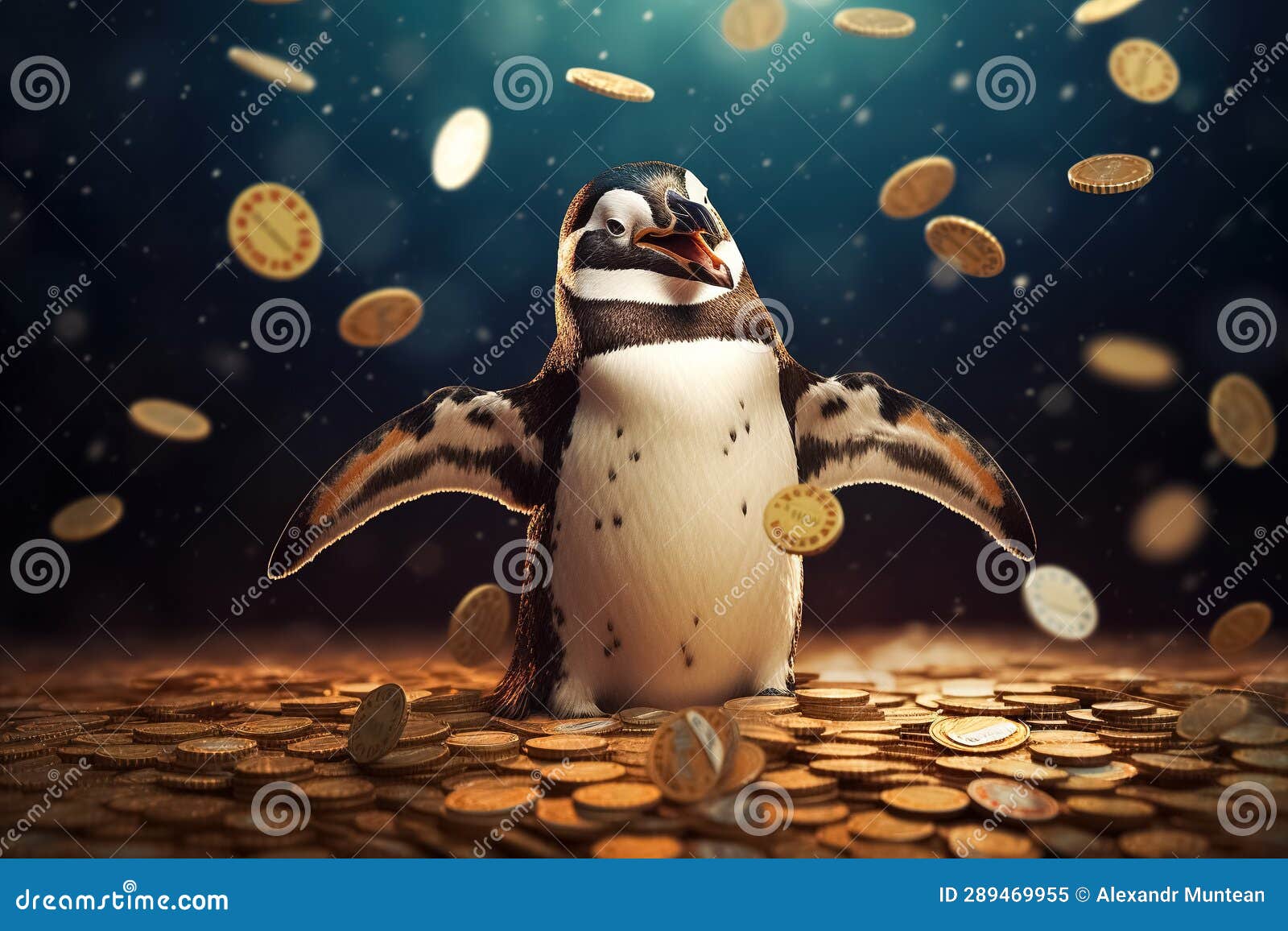 Gold coins and penguin. stock image. Image of financial - 289469955