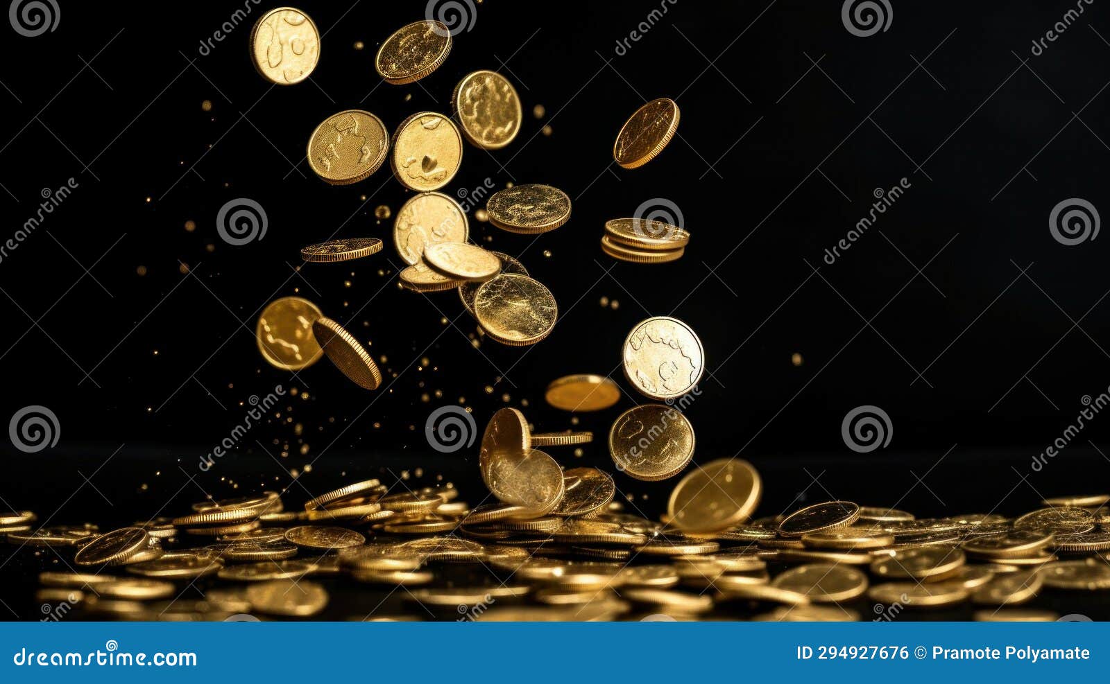 Gold Coins Raining on Black Background Stock Photo - Image of success ...