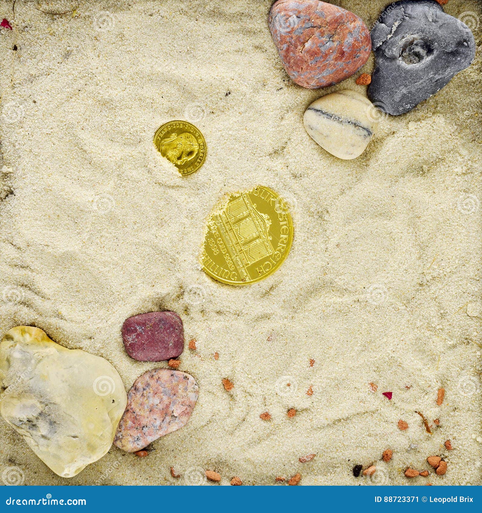 Gold Coins in a Scenery with Sand Stock Image - Image of precious ...