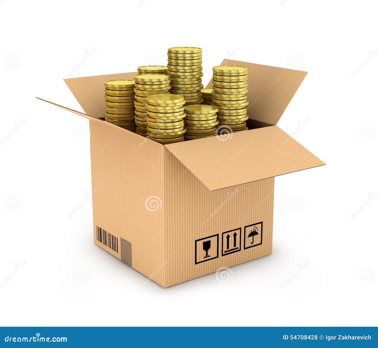 Gold Coins in Stack in Side Cardboard Box Stock Illustration ...