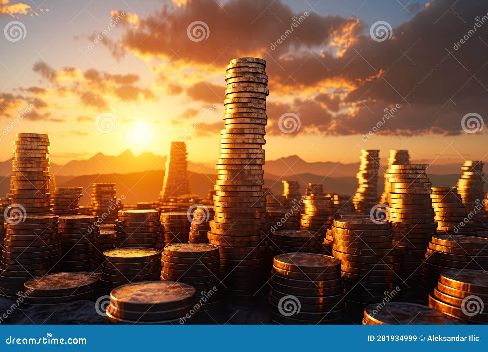 Gold Coins Stack at Sunset. Generative Ai Illustration Stock ...