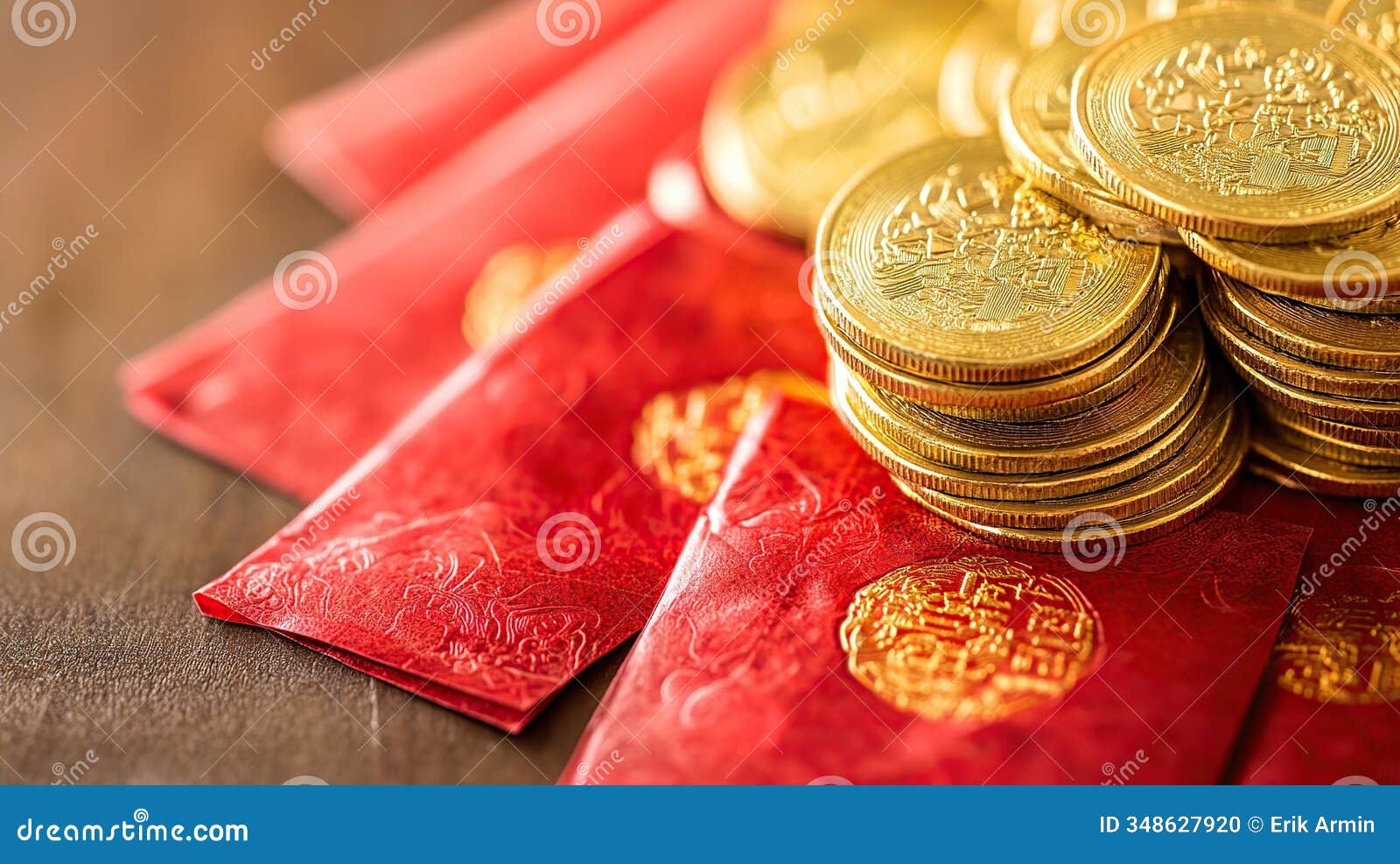Gold Coins Stacked on Red Envelopes. (1 Stock Illustration ...
