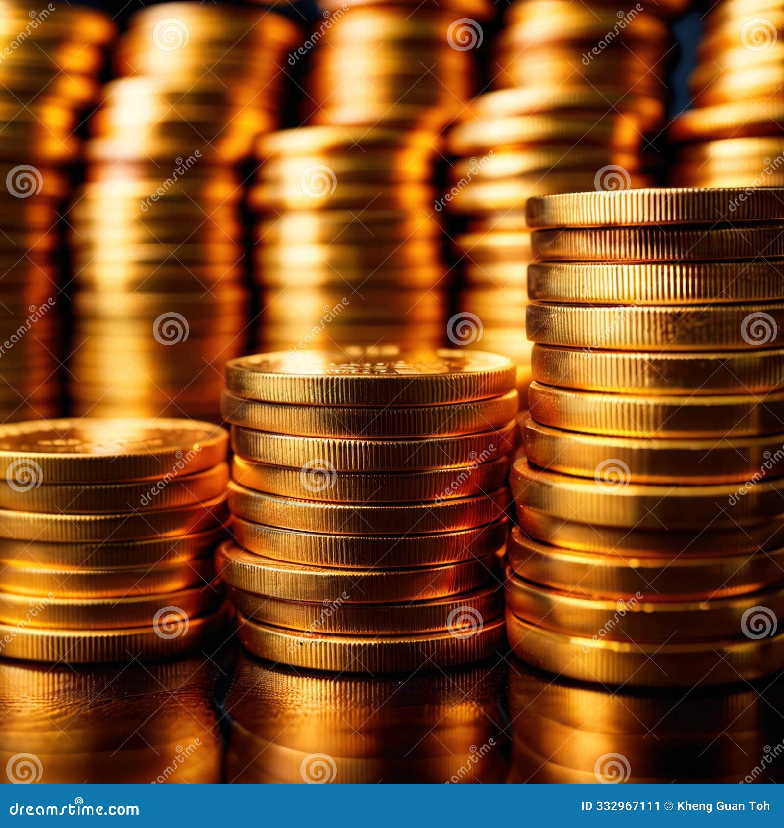 Gold Coins are Stacked in Rows on a Reflective Surface. Stock ...