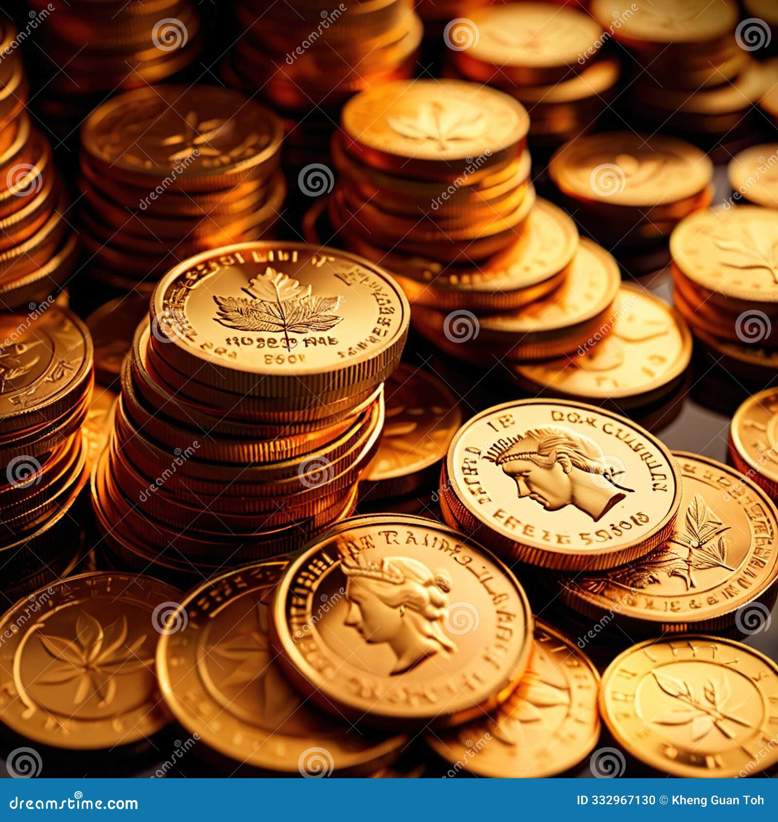 Gold Coins are Stacked in Rows on a Reflective Surface. Stock ...