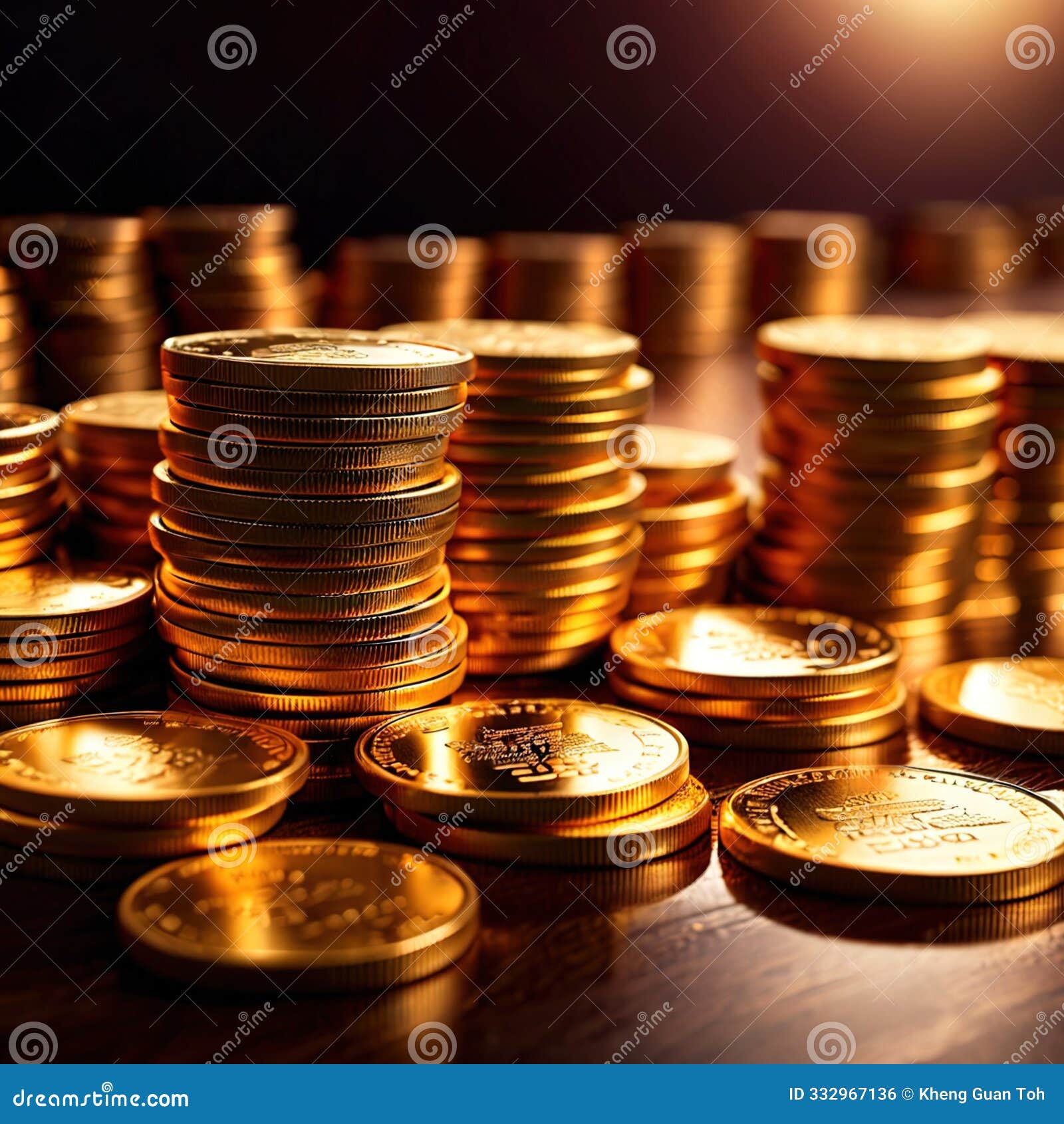 Gold Coins are Stacked in Rows on a Reflective Surface. Stock ...