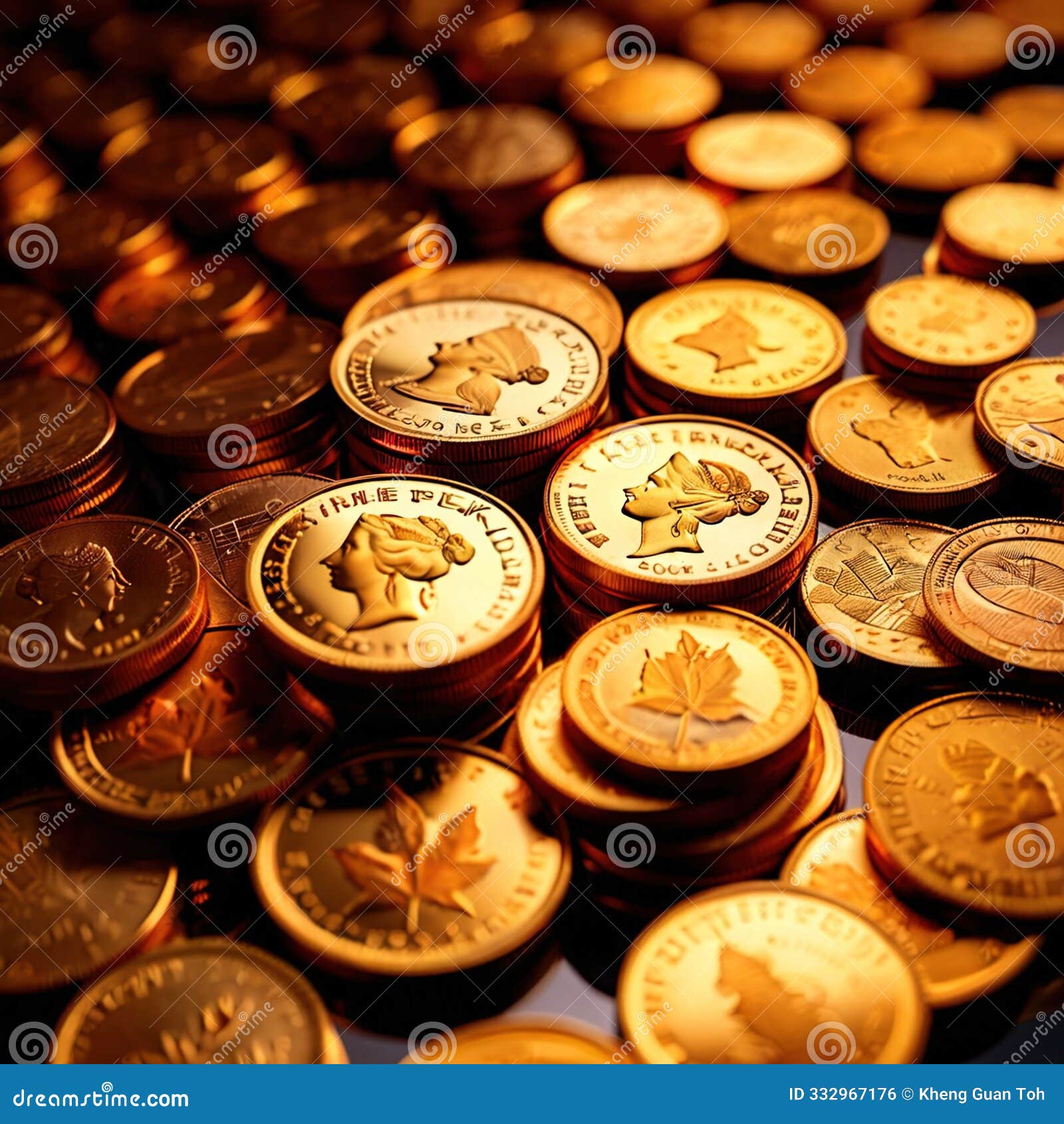 Gold Coins are Stacked in Rows on a Reflective Surface. Stock ...