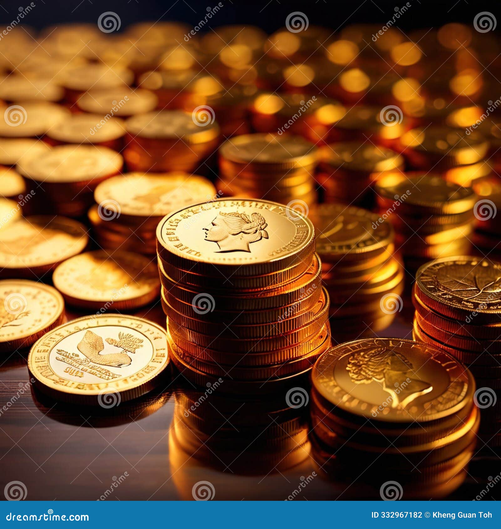 Gold Coins are Stacked in Rows on a Reflective Surface. Stock ...