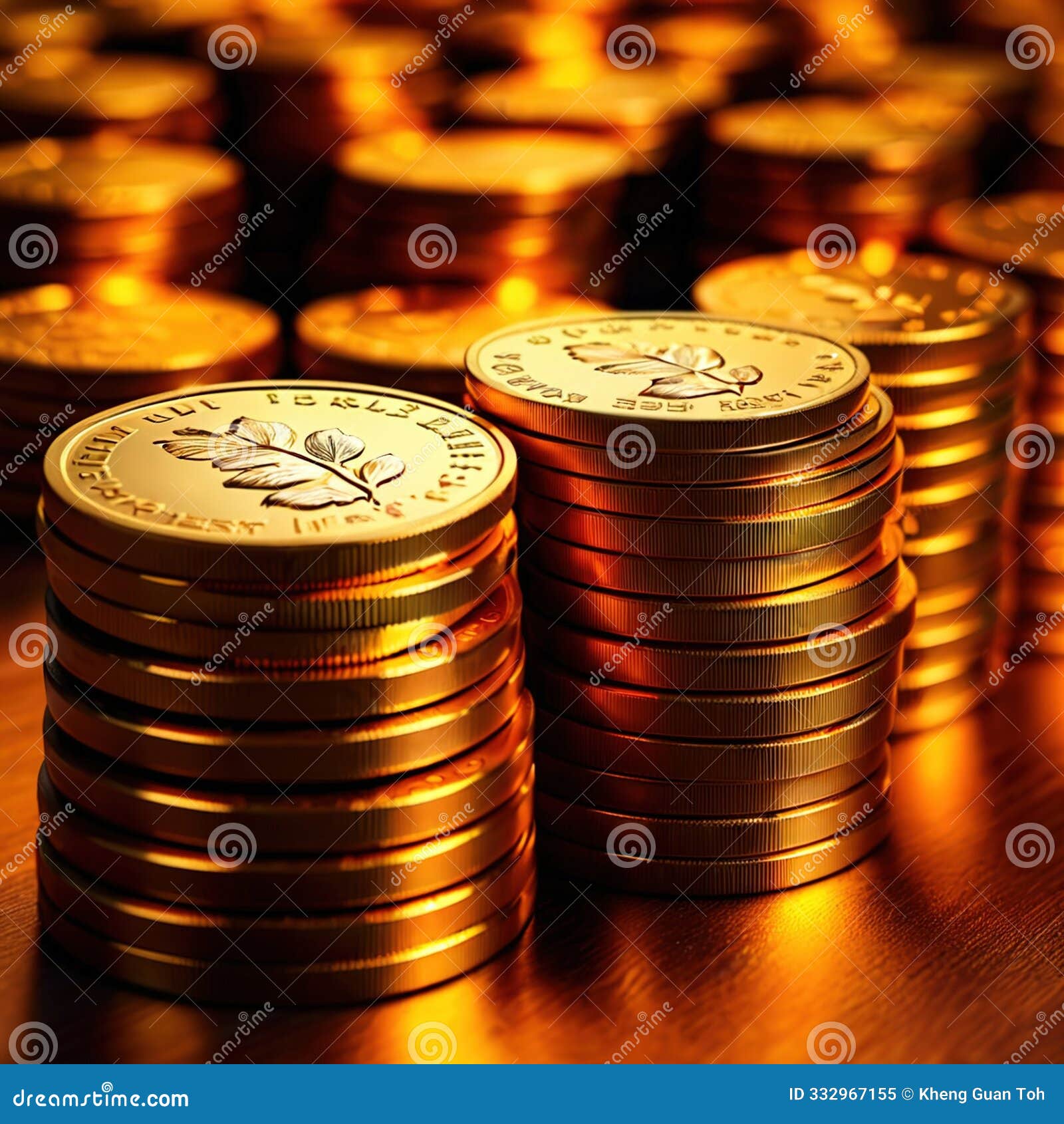 Gold Coins are Stacked in Rows on a Reflective Surface. Stock ...