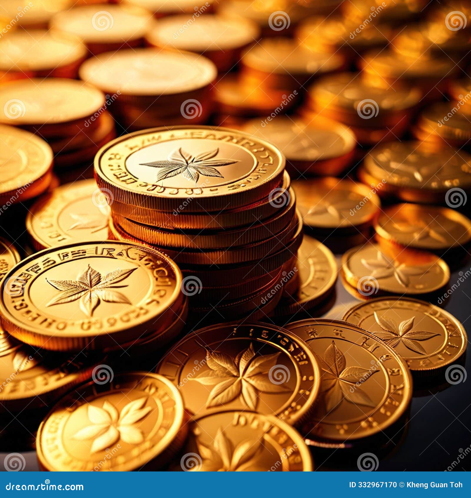 Gold Coins are Stacked in Rows on a Reflective Surface. Stock ...