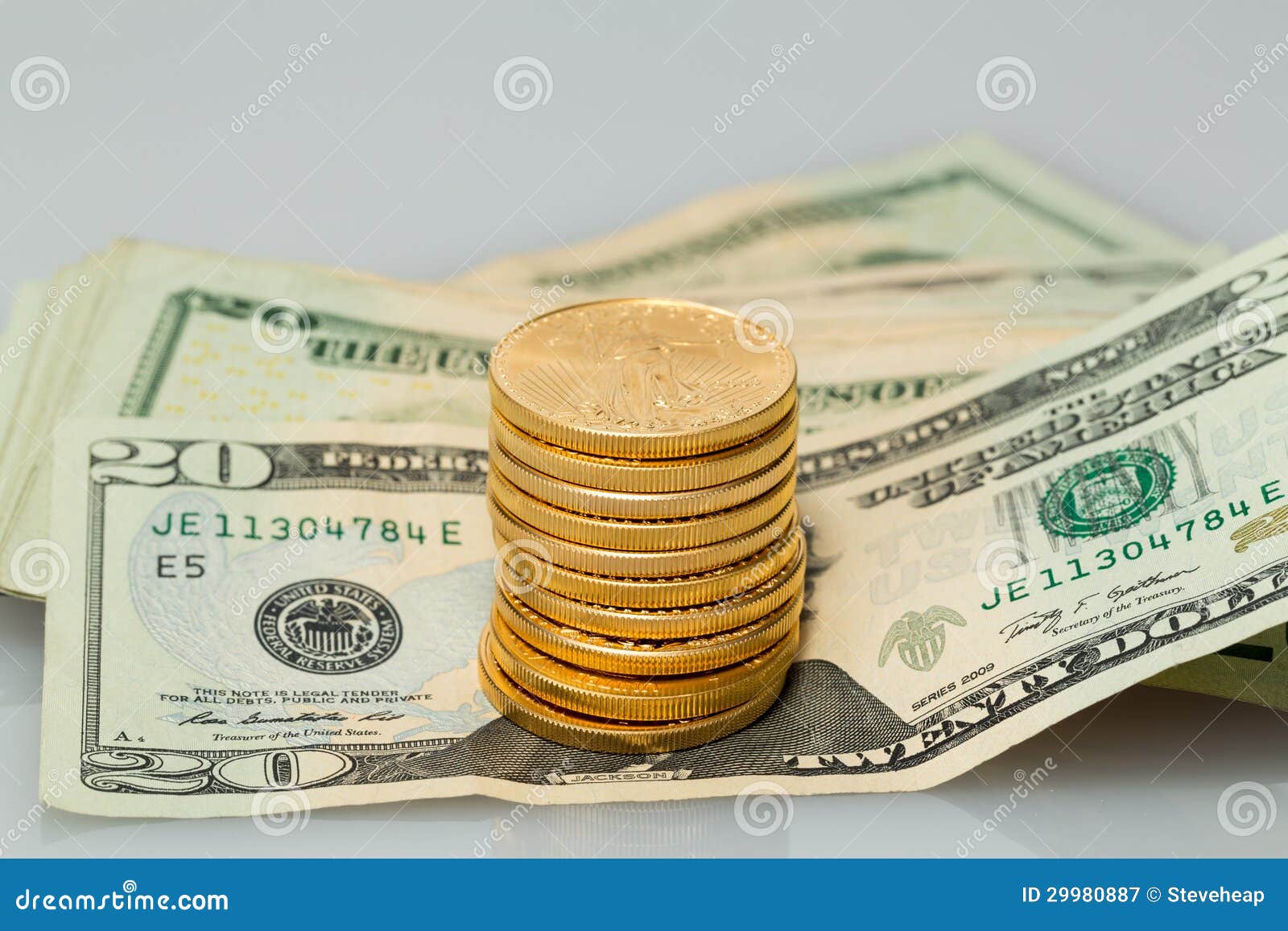 Stack of $20 Dollar Bills with Gold Coins Stock Image - Image of coin ...