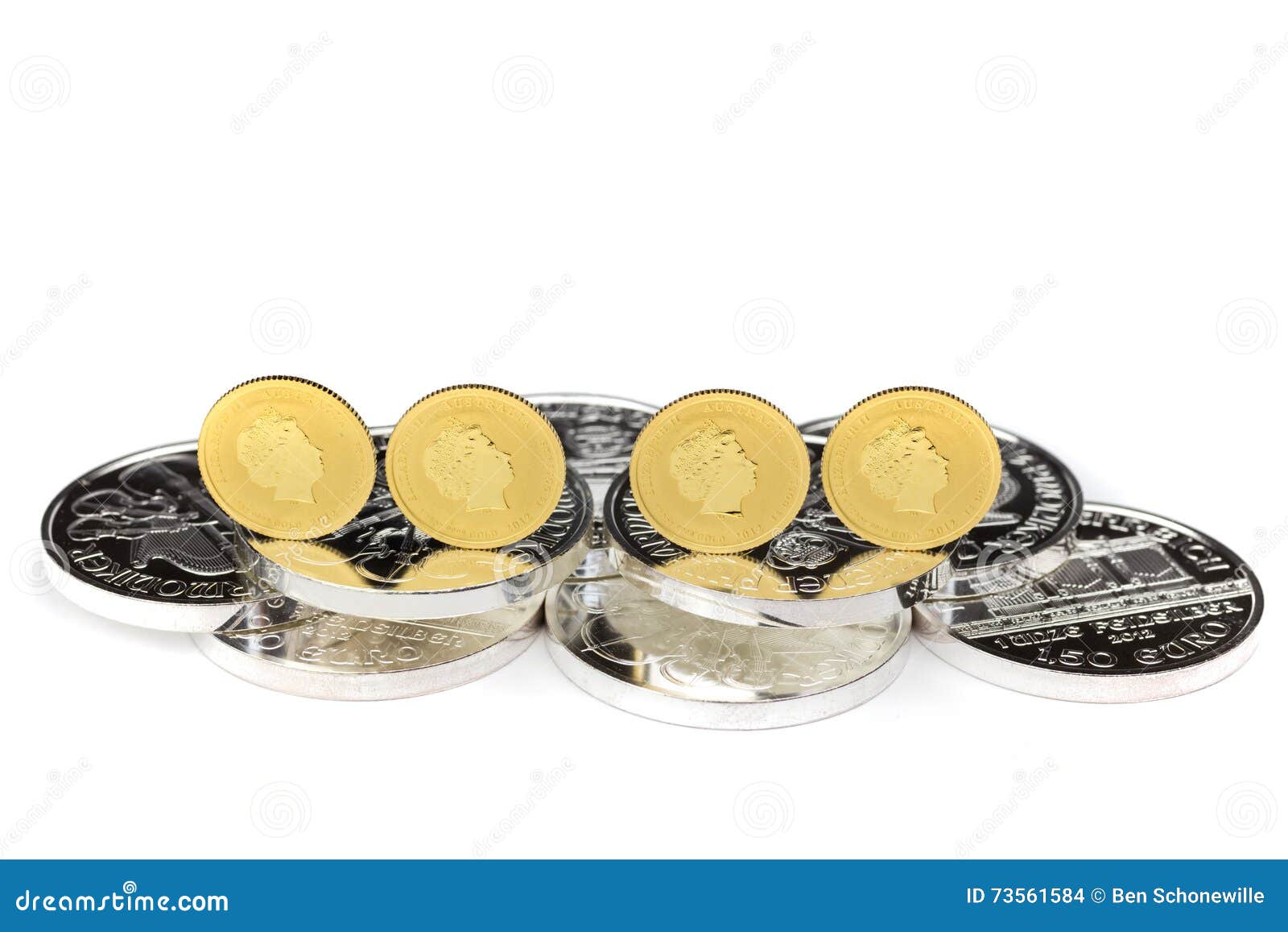 Gold Coins Standing on Silver Coins Stock Photo - Image of bullion ...