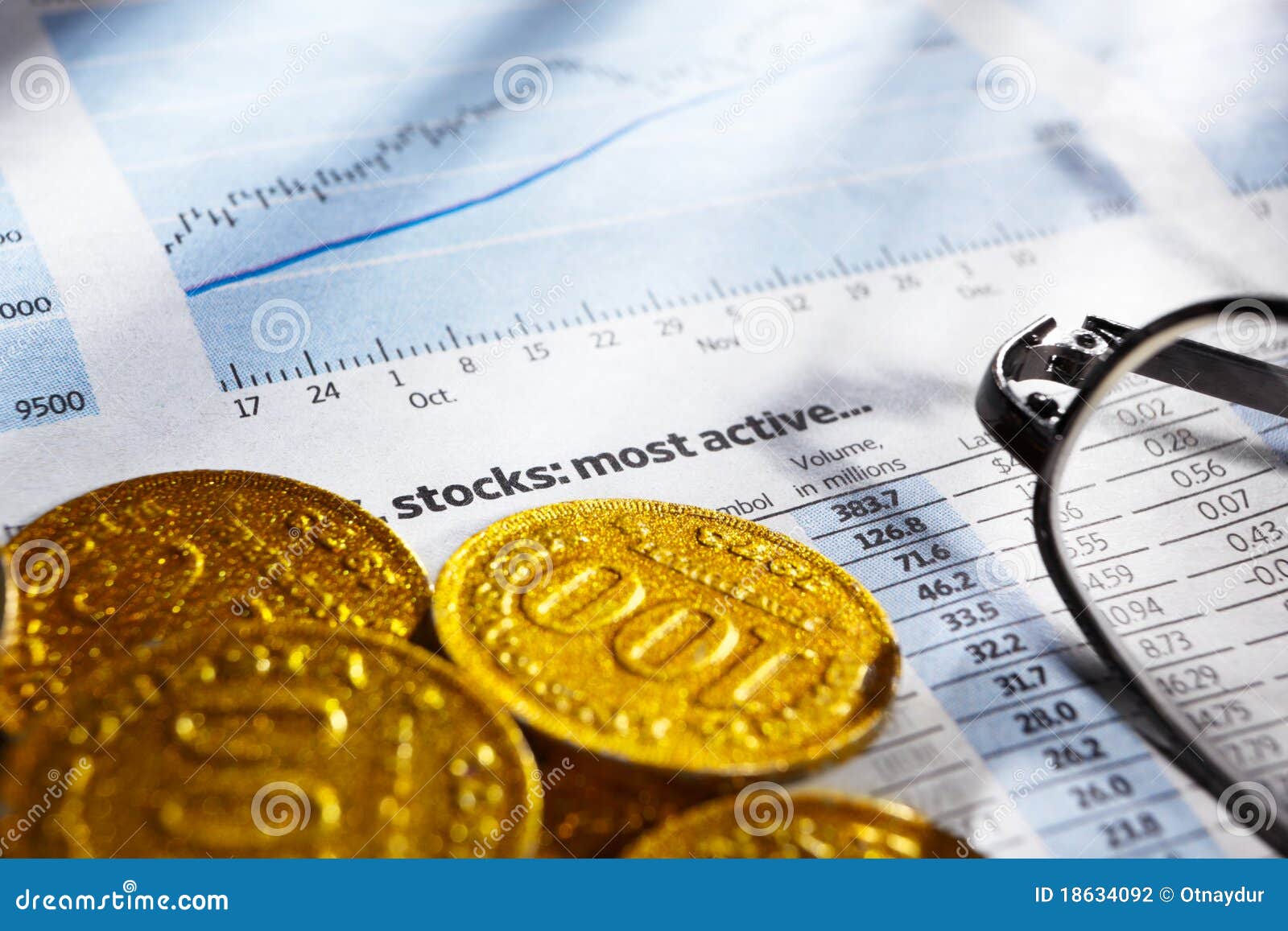 Gold coins and stock sheet stock photo. Image of glasses - 18634092