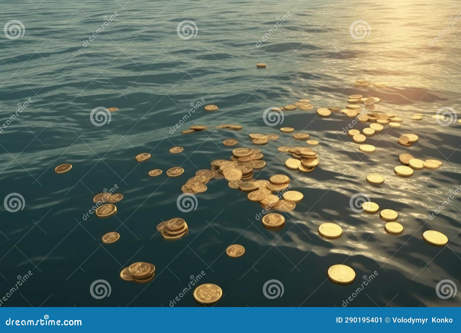 Gold Coins on the Surface of the Ocean. Generative Ai Stock Image ...