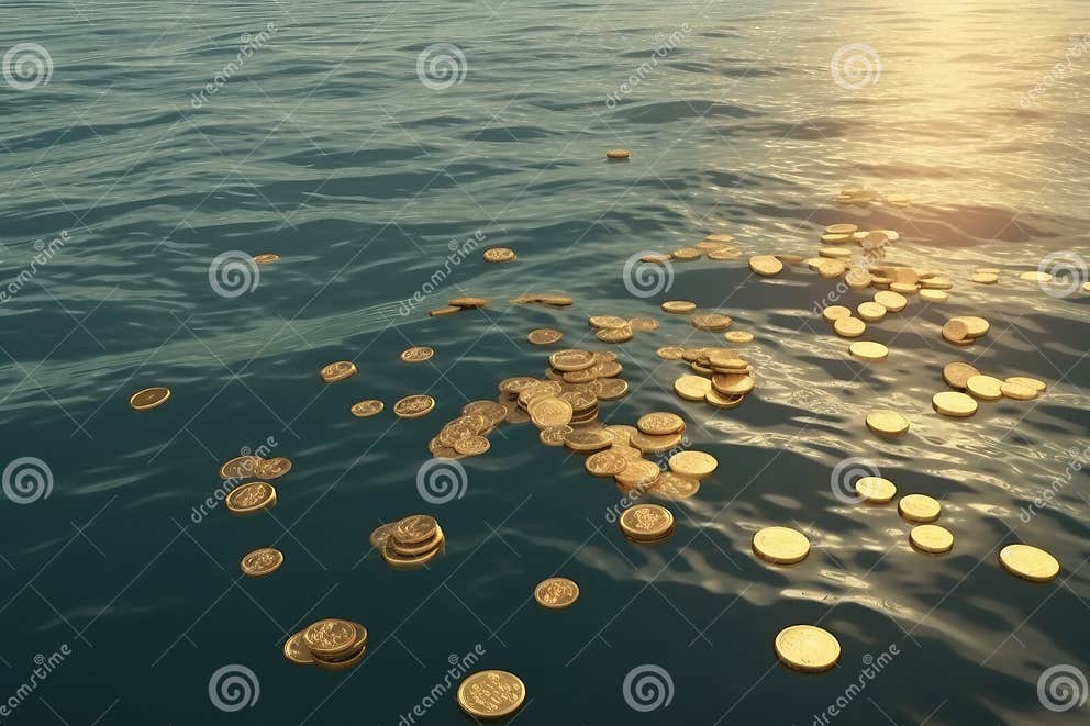 Gold Coins on the Surface of the Ocean. Generative Ai Stock Image ...
