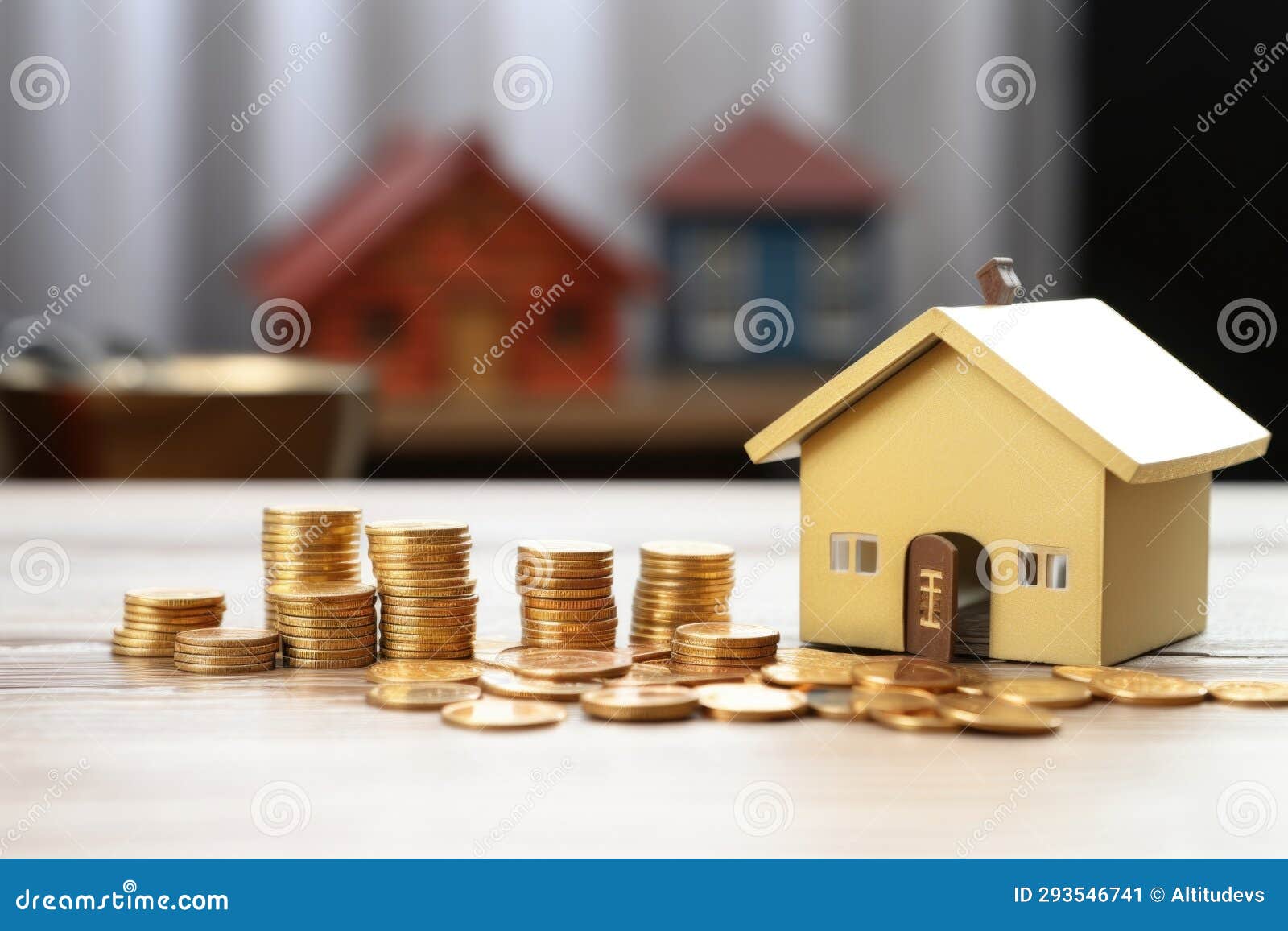 Gold Coins and a Tiny House Model on a Desk Stock Image - Image of ...