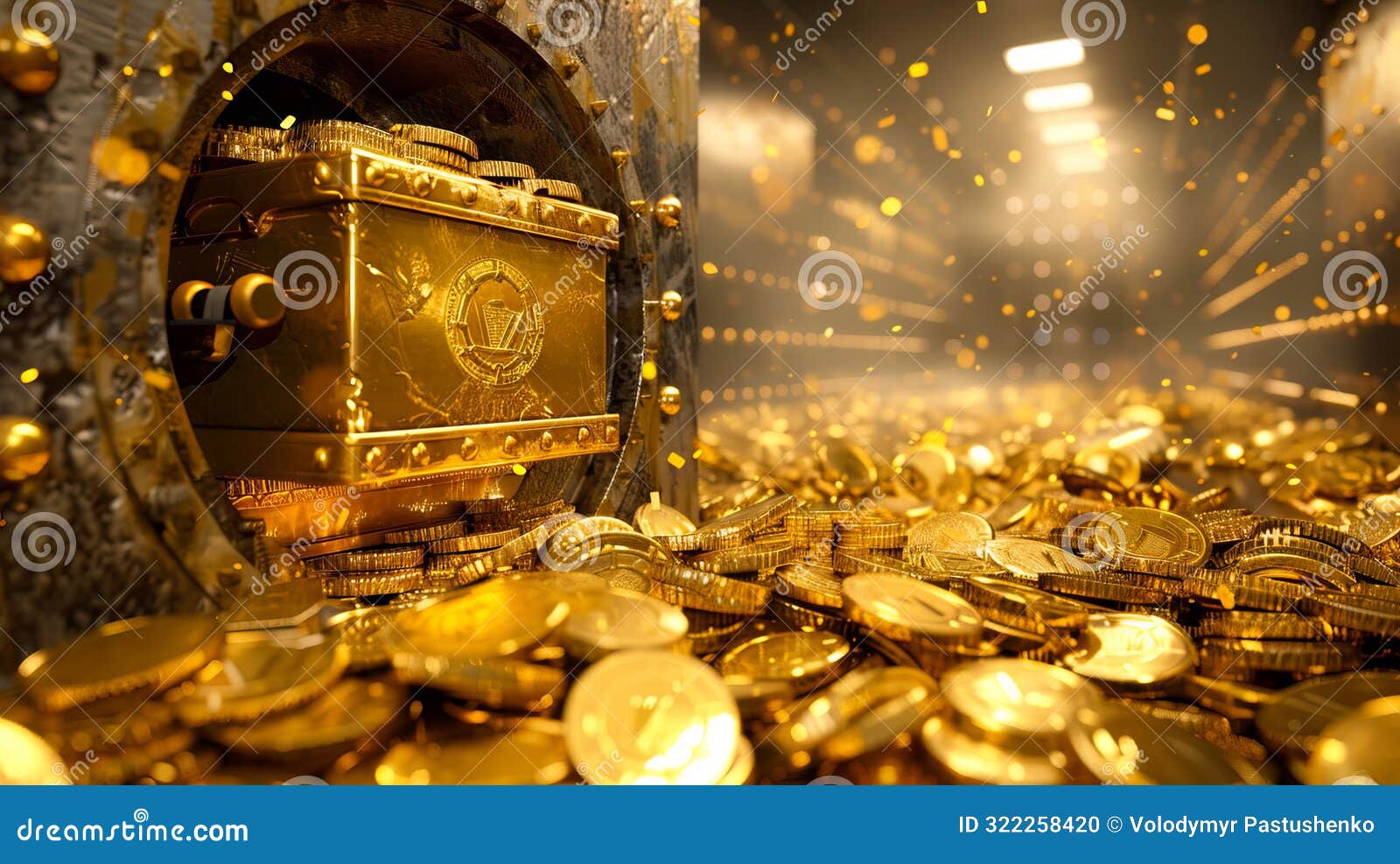 Gold coins in a vault stock photo. Image of coins, money - 322258420