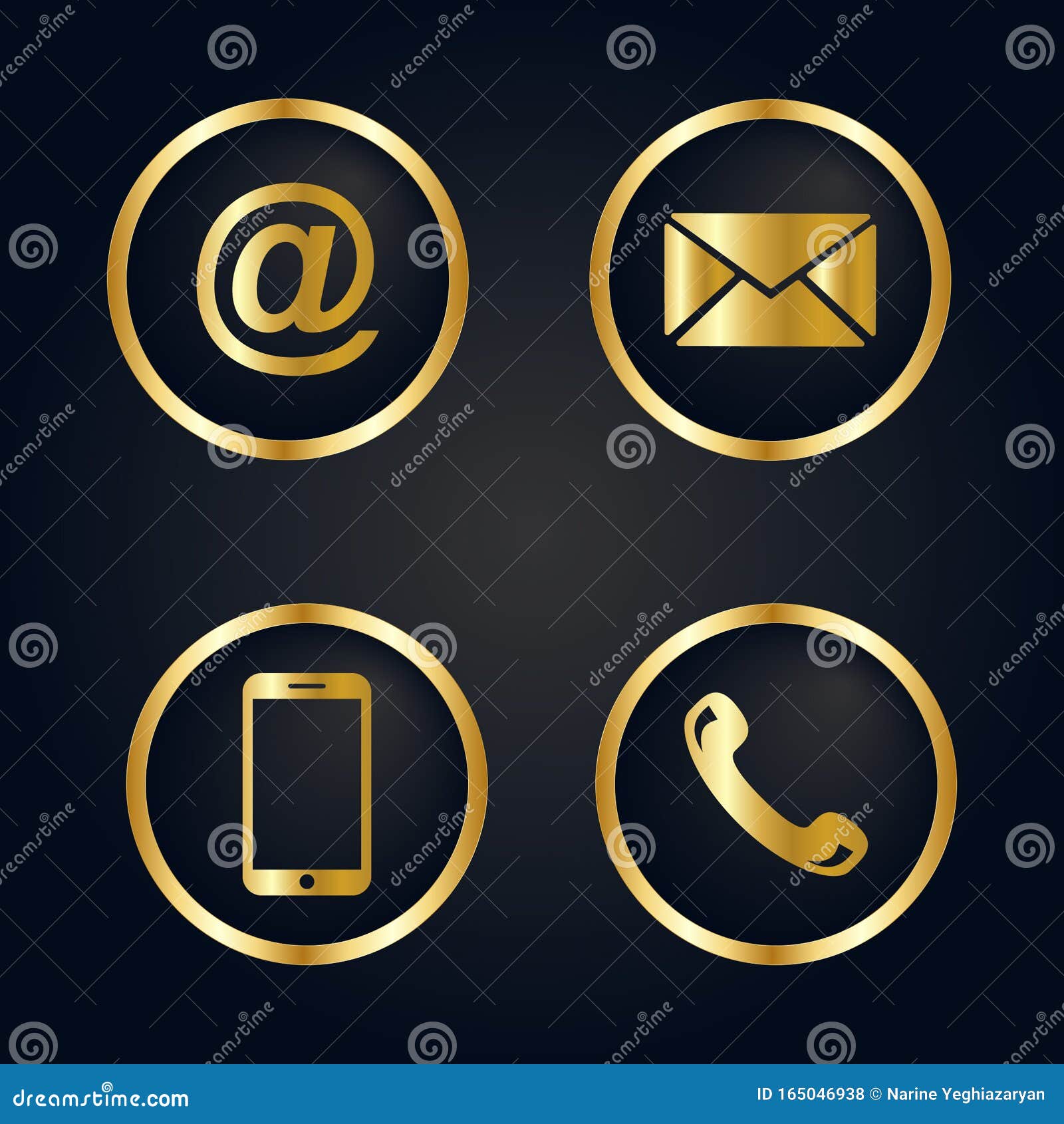 Gold Color Contact Icon Set, on Isolated Black Gradient Background ...