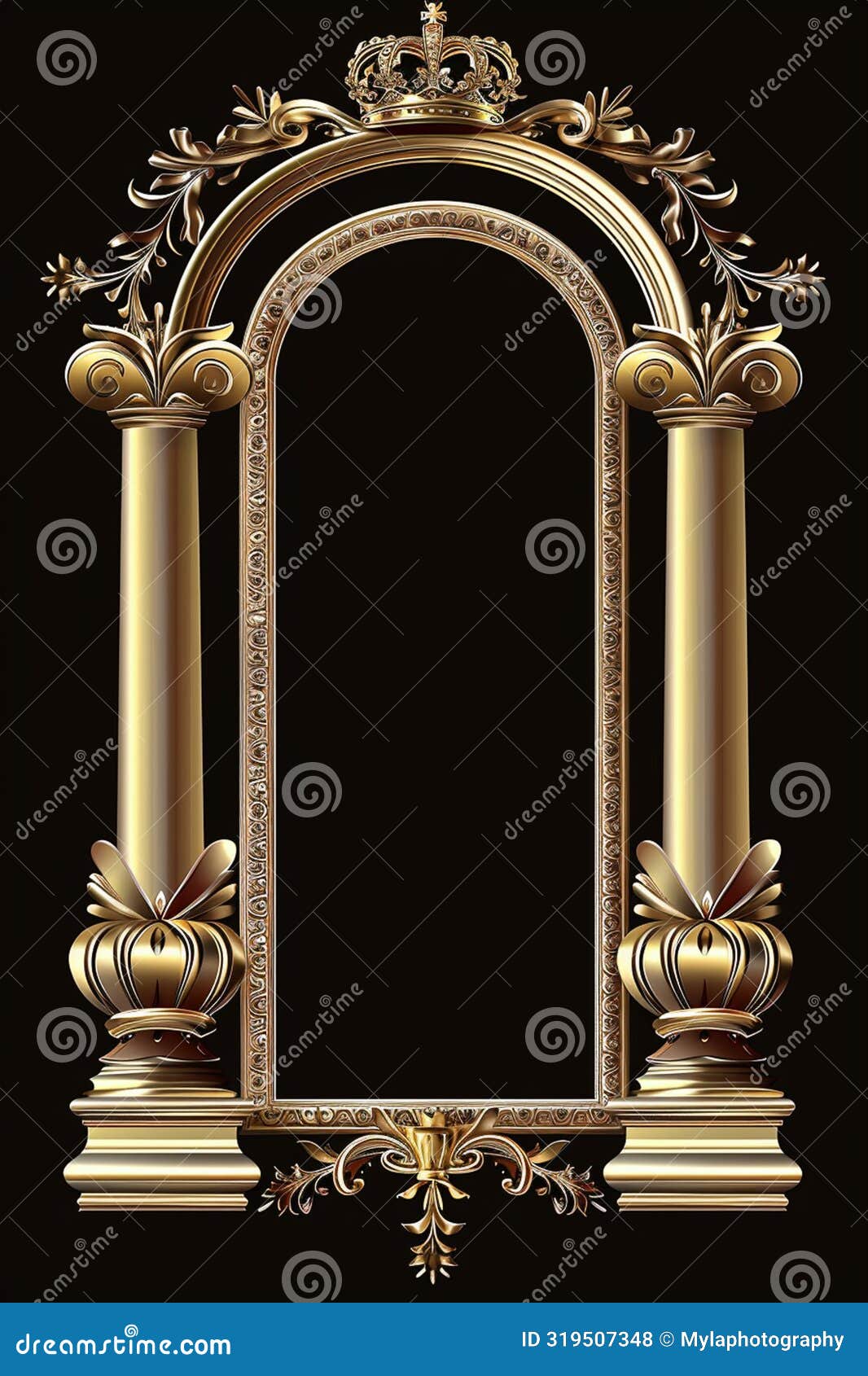 Gold Color Frame with Pillars Isolated on Solid Black Background Stock ...
