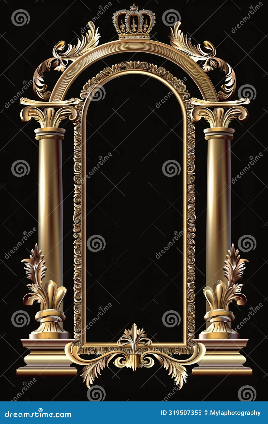 Gold Color Frame with Pillars Isolated on Solid Black Background Stock ...