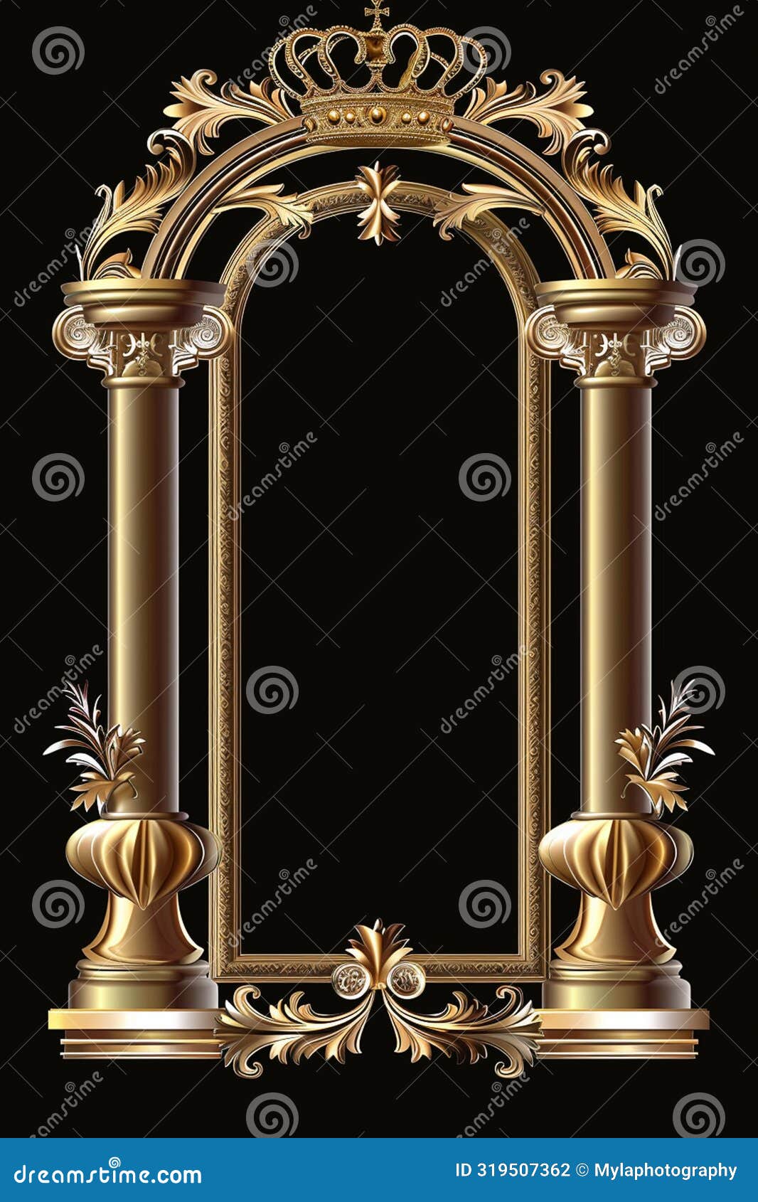 Gold Color Frame with Pillars Isolated on Solid Black Background Stock ...