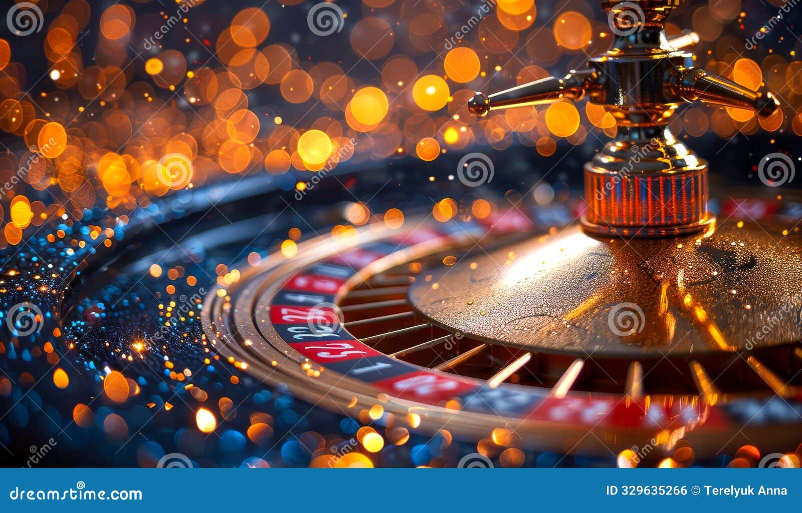 A Gold Colored Roulette Wheel with a Red and Black Stripe. the Wheel is ...