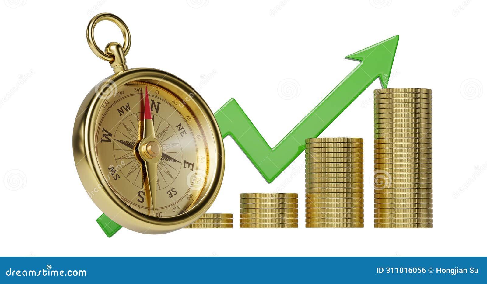 Gold Compass and Coin on White Backgroun.3D Illustration Stock ...