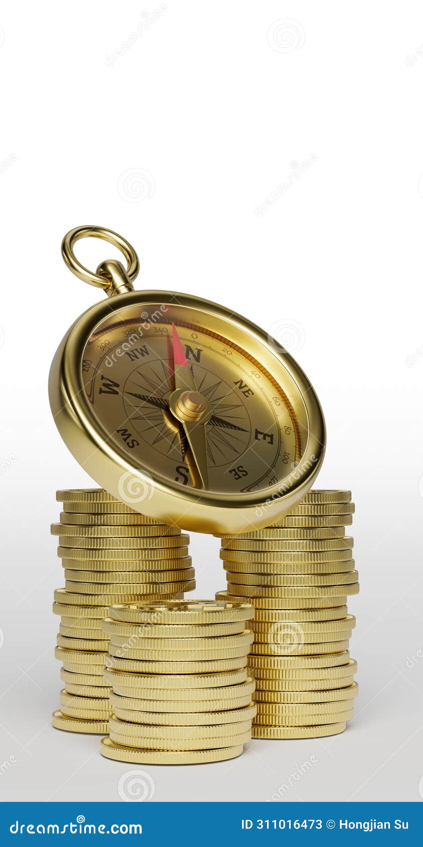 Gold Compass and Coin on White Backgroun.3D Illustration Stock ...
