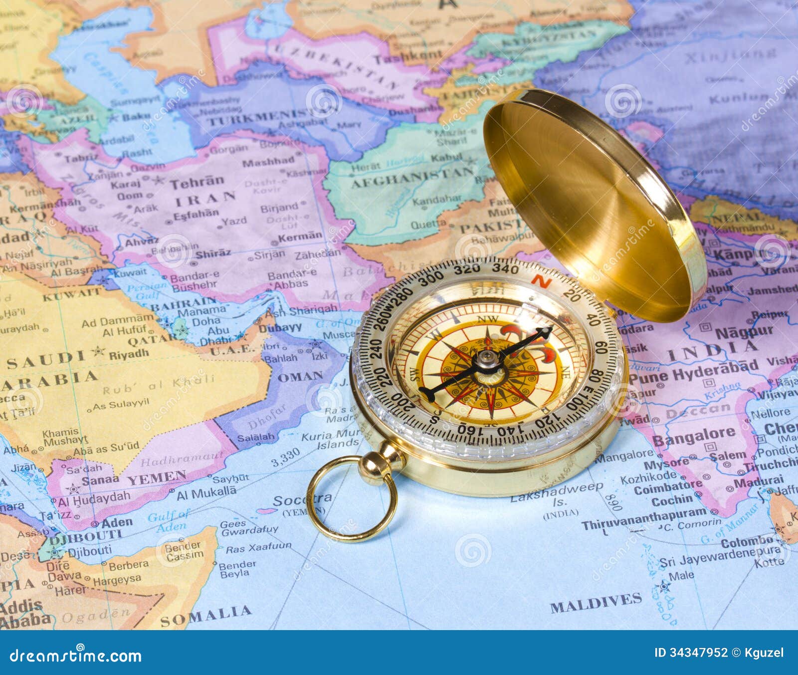 Gold Compass on Map of Asia Stock Photo - Image of maldives, adventure ...