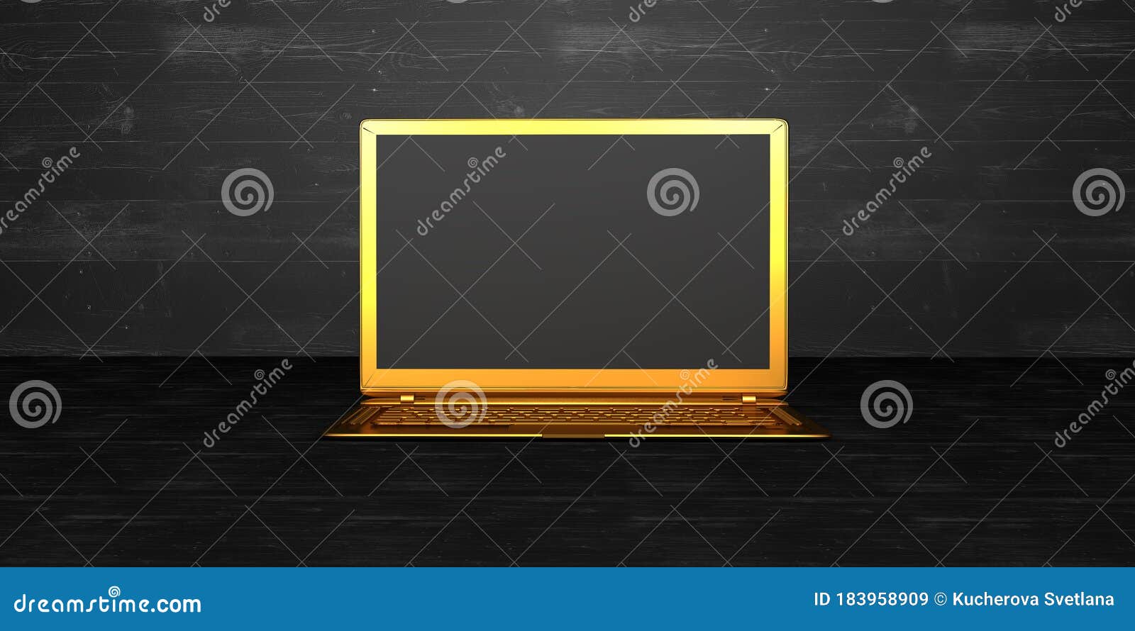 A Gold Computer on a Black Wooden Table. a Concept Workspace, a Laptop ...
