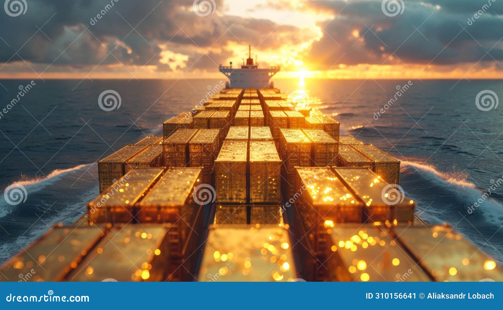 Gold Containers with Cargo on a Container Ship in the Ocean Stock Image ...