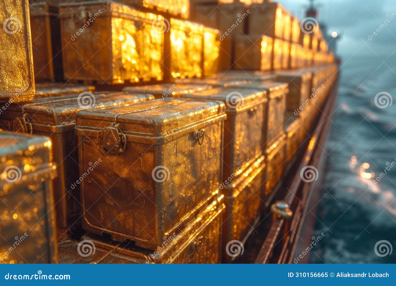 Gold Containers with Cargo on a Container Ship in the Ocean Stock Image ...