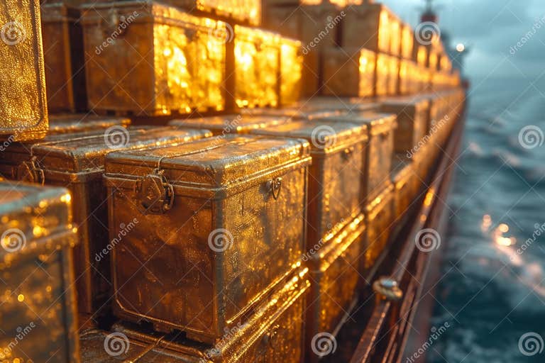 Gold Containers with Cargo on a Container Ship in the Ocean Stock Image ...