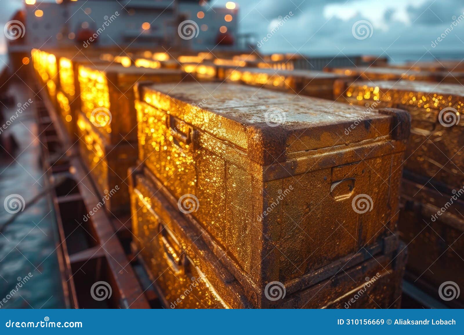 Gold Containers with Cargo on a Container Ship in the Ocean Stock Image ...